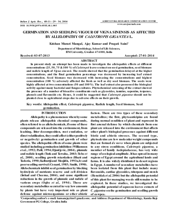 (PDF) Germination and seedling vigour of Vigna sinensis as affected by ...