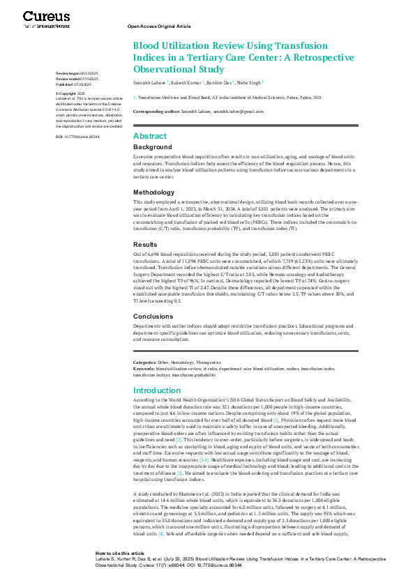 (PDF) Blood Utilization Review Using Transfusion Indices in a Tertiary ...