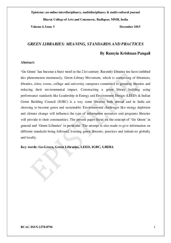 (PDF) GREEN LIBRARIES: MEANING, STANDARDS AND PRACTICES