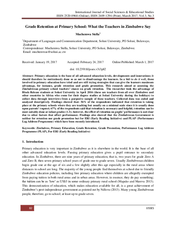 (PDF) Grade Retention at Primary School: What the Teachers in Zimbabwe Say