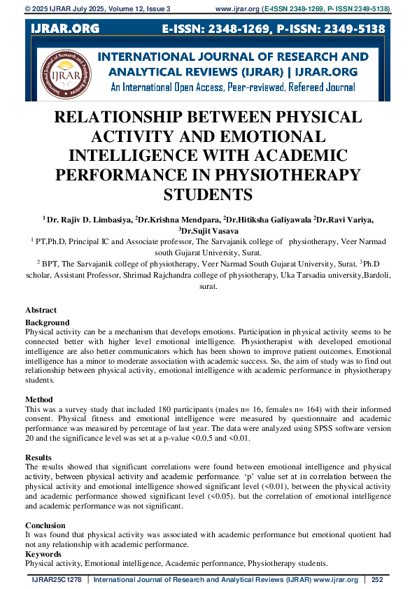 (PDF) RELATIONSHIP BETWEEN PHYSICAL ACTIVITY AND EMOTIONAL INTELLIGENCE ...