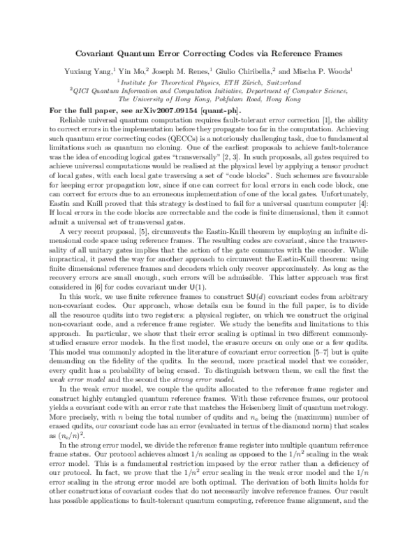 (PDF) Covariant Quantum Error Correcting Codes via Reference Frames