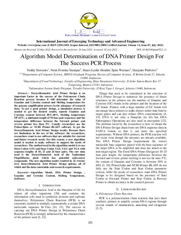 (PDF) Algorithm Model Determination of DNA Primer Design For The ...