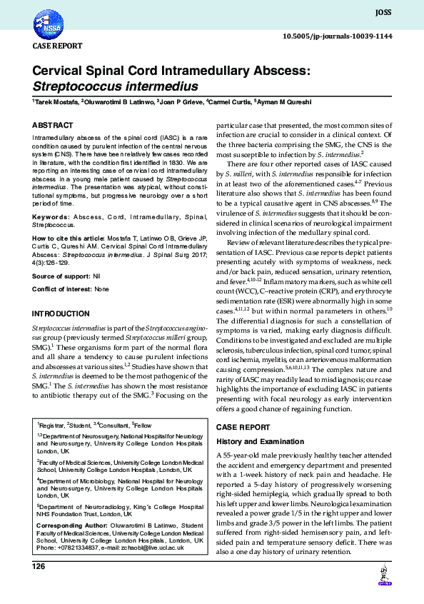 (PDF) Cervical Spinal Cord Intramedullary Abscess: Streptococcus ...