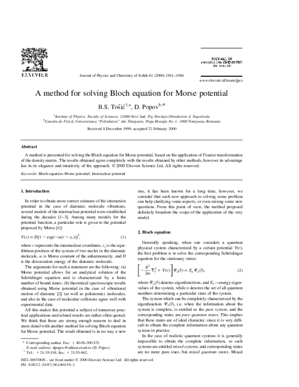 (PDF) A method for solving Bloch equation for Morse potential