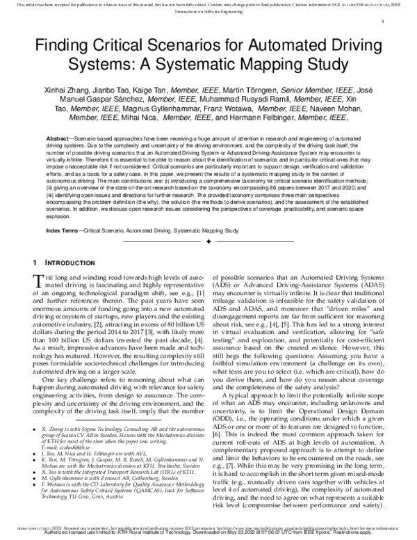 (PDF) Finding Critical Scenarios for Automated Driving Systems: A ...