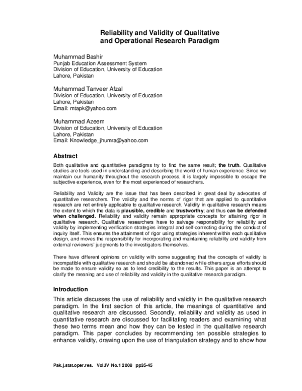 (PDF) Reliability and Validity of Qualitative and Operational Research ...