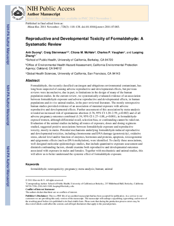 (PDF) Reproductive and developmental toxicity of formaldehyde: A ...