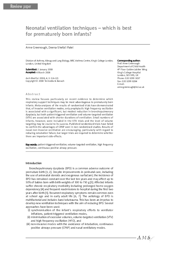 (PDF) Neonatal ventilation techniques - which is best for prematurely born infants?