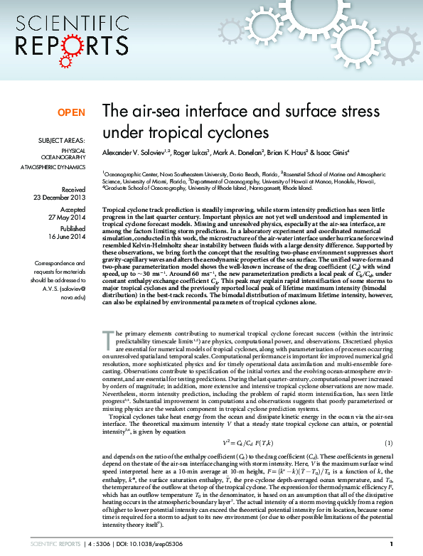 (PDF) The air-sea interface and surface stress under tropical cyclones