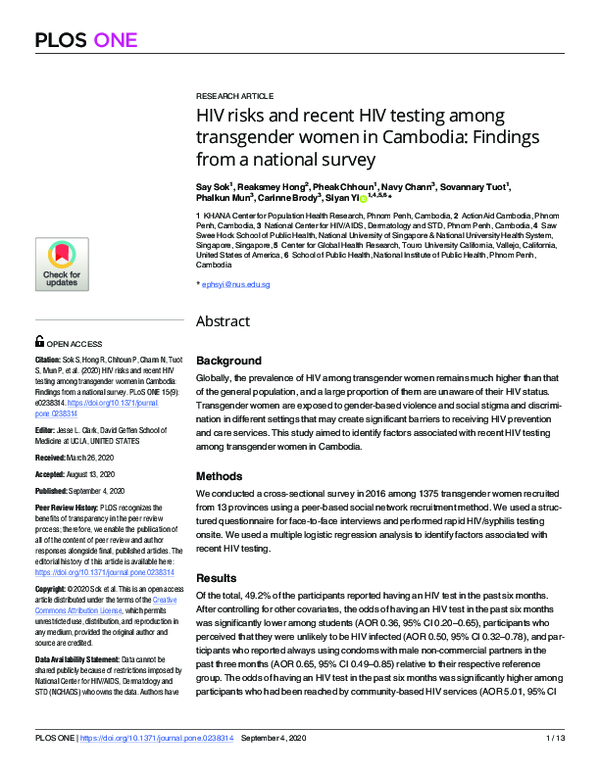 (PDF) HIV risks and recent HIV testing among transgender women in ...