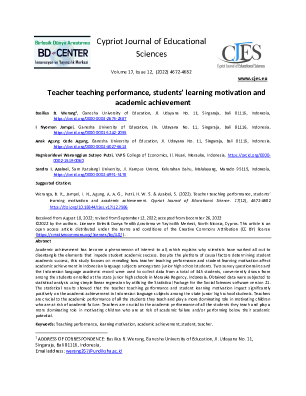 (PDF) Teacher teaching performance, students’ learning motivation and ...