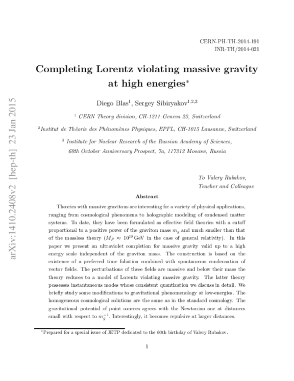 (PDF) Completing Lorentz violating massive gravity at high energies