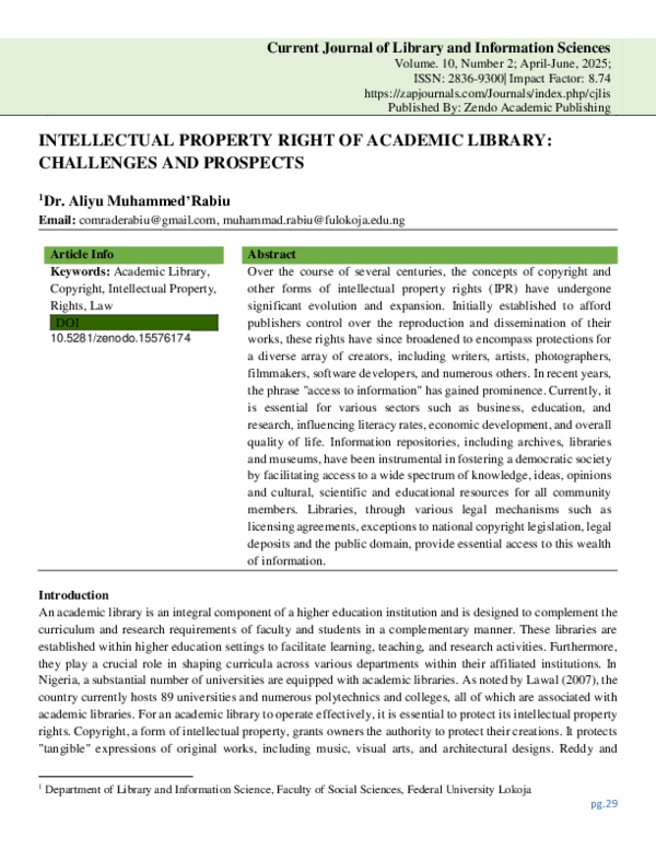 (PDF) INTELLECTUAL PROPERTY RIGHT OF ACADEMIC LIBRARY: CHALLENGES AND ...