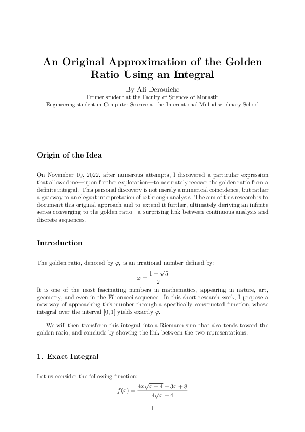 (PDF) An Original Approximation of the Golden Ratio Using an Integral