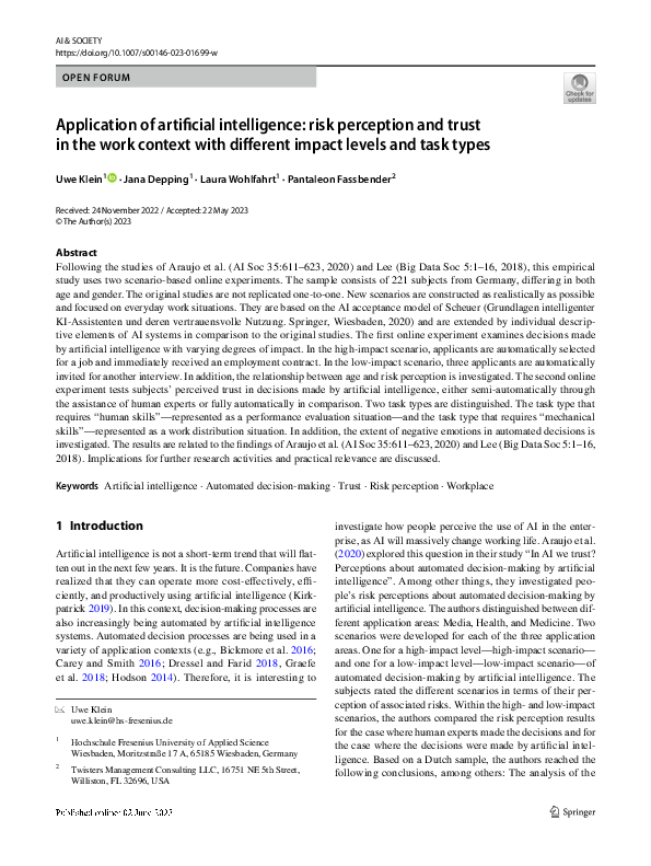 (PDF) Application of artificial intelligence: risk perception and trust in the work context with ...