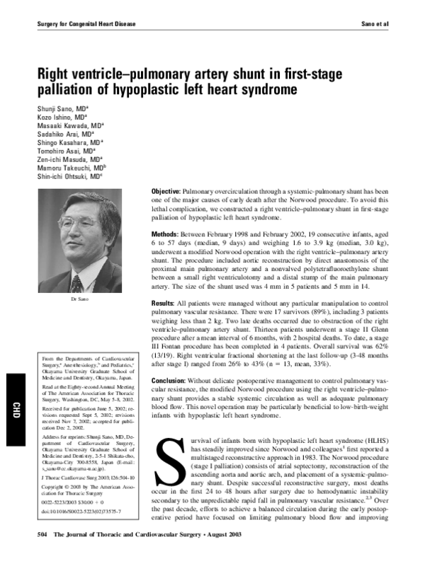 (PDF) Right ventricle–pulmonary artery shunt in first-stage palliation ...