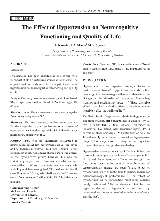 (PDF) The effect of hypertension on neurocognitive functioning and ...