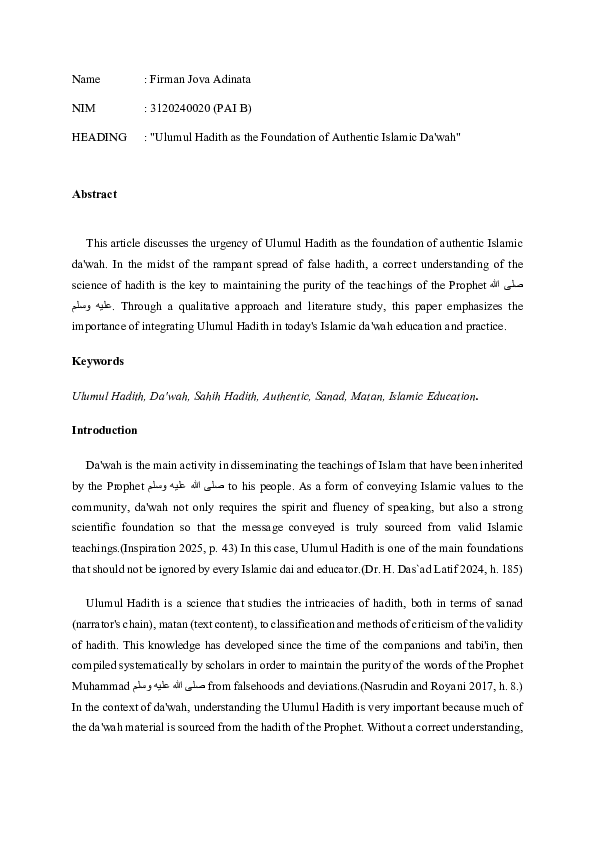 (PDF) Ulumul Hadith as the Foundation of Authentic Islamic Da wah