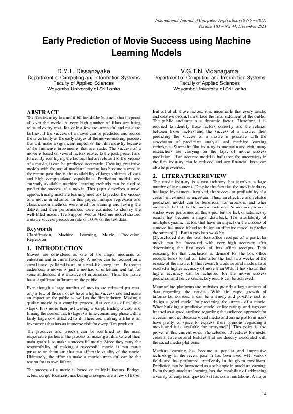 (PDF) Early Prediction of Movie Success using Machine Learning Models