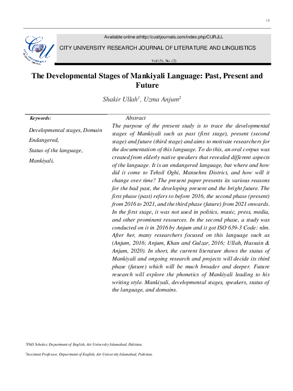(PDF) The Developmental Stages of Mankiyali Language: Past, Present and ...