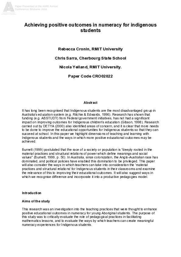 (PDF) Achieving positive outcomes in numeracy for indigenous students