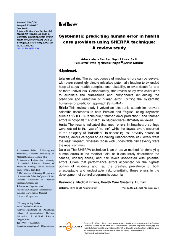 (PDF) Systematic predicting human error in health care providers using ...