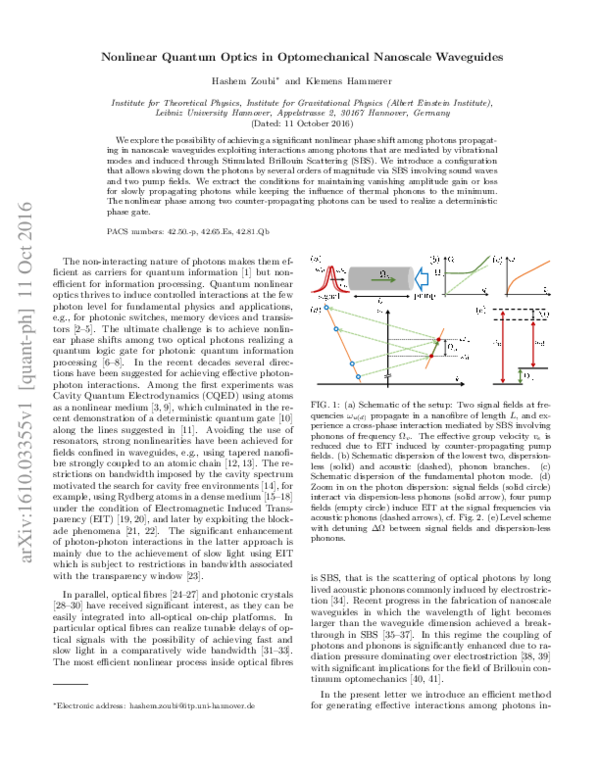 (PDF) Quantum Nonlinear Optics in Optomechanical Nanoscale Waveguides