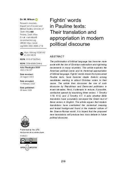 (PDF) Fightin Words in Pauline Texts Wilson