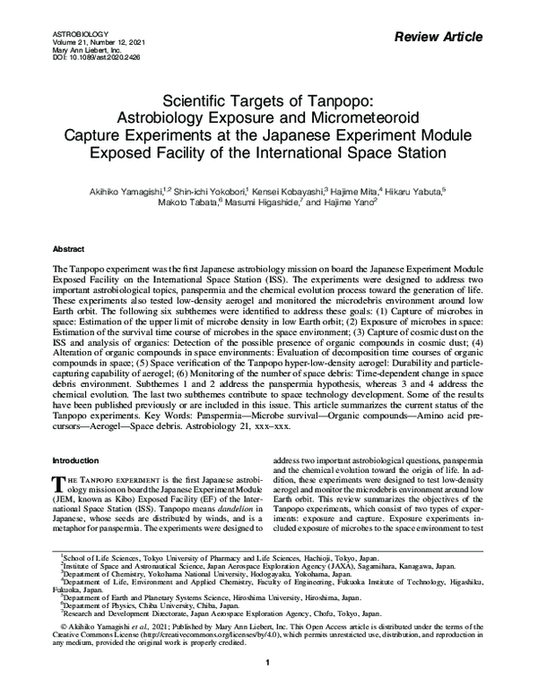(PDF) Scientific Targets of Tanpopo: Astrobiology Exposure and ...