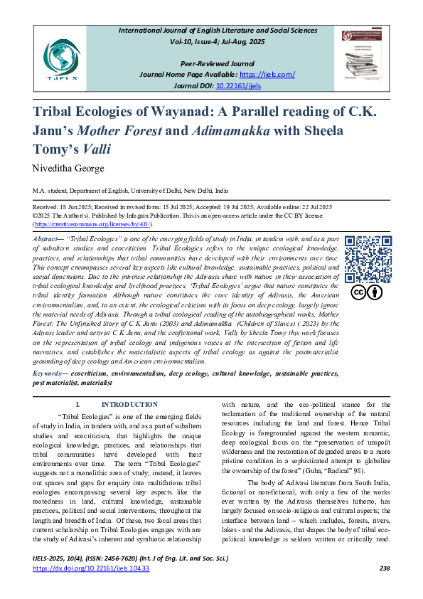 (PDF) Tribal Ecologies of Wayanad: A Parallel reading of C.K. Janu’s ...