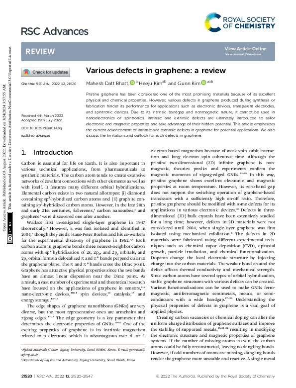 (PDF) Various defects in graphene: a review