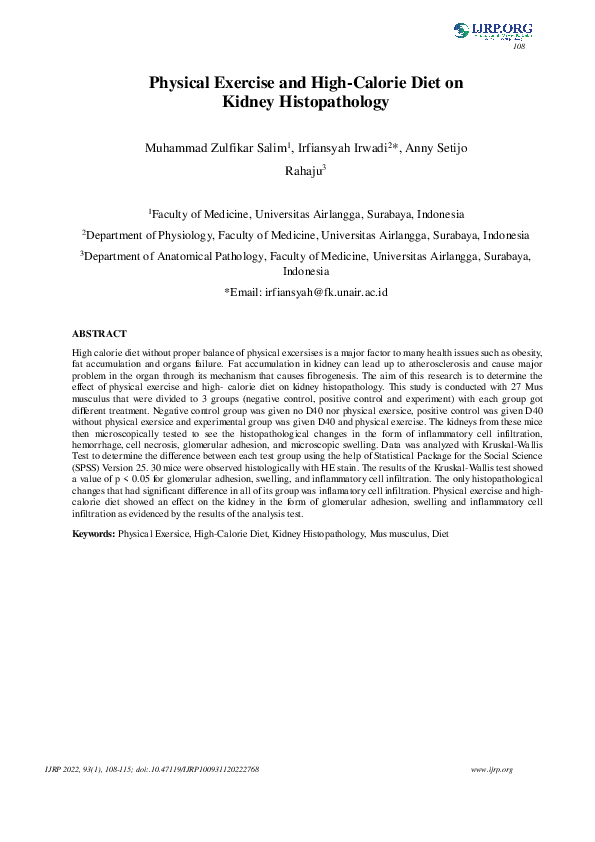 (PDF) Physical Exercise and High-Calorie Diet on Kidney Histopathology