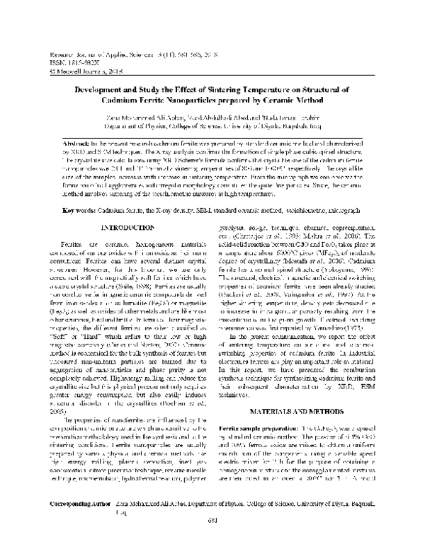 (PDF) Development and Study the Effect of Sintering Temperature on Structural of Cadmium Ferrite ...