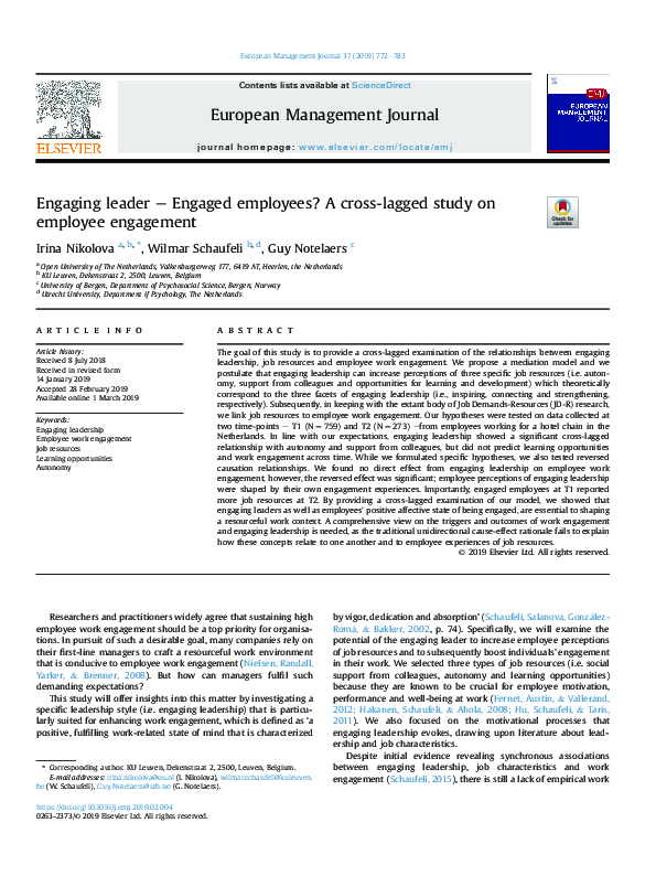 (PDF) Engaging leader – Engaged employees? A cross-lagged study on ...