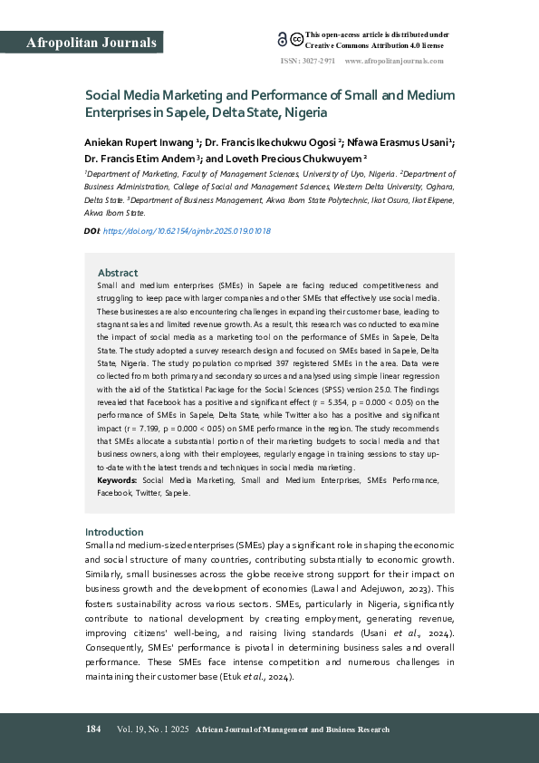 (PDF) Social Media Marketing and Performance of Small and Medium ...