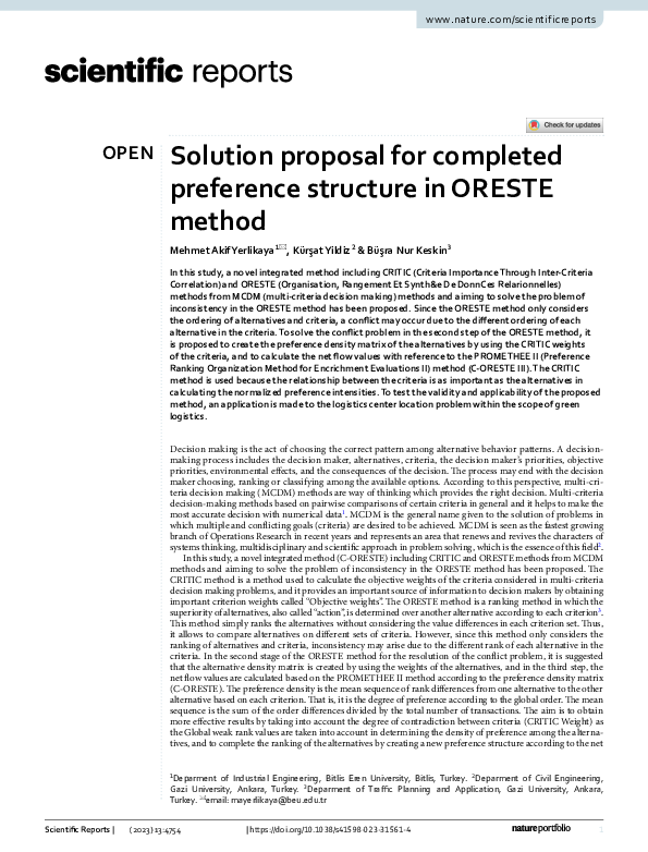 (PDF) Solution proposal for completed preference structure in ORESTE method