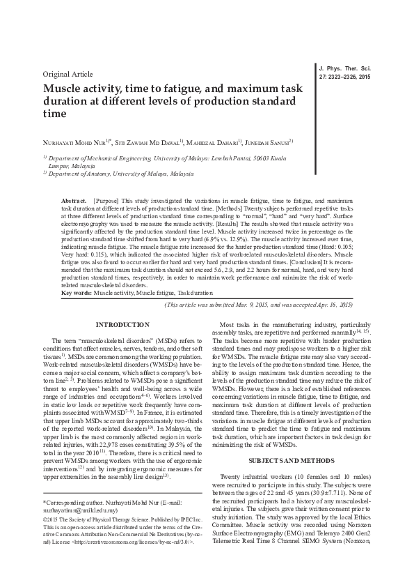 (PDF) Muscle activity, time to fatigue, and maximum task duration at ...