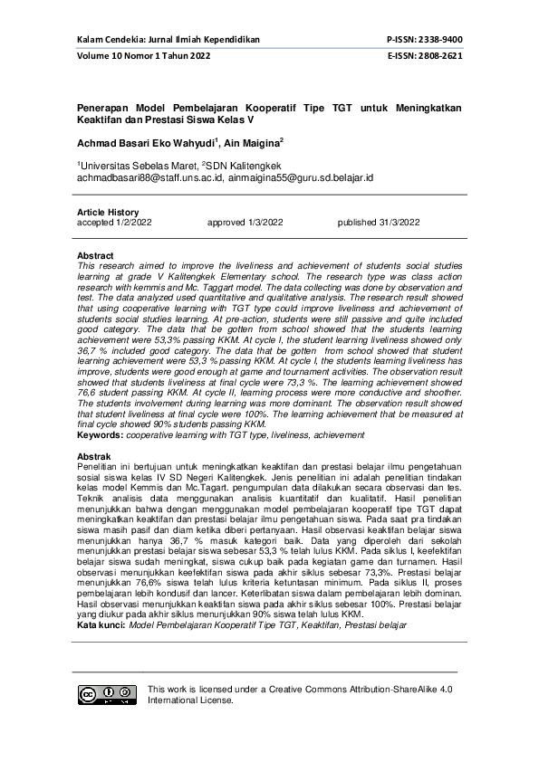 (PDF) Penerapan Model Pembelajaran Kooperatif Tipe TGT untuk Meningkatkan Keaktifan dan Prestasi ...