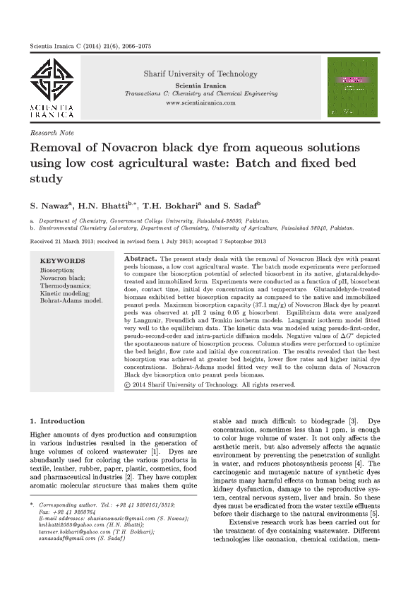 (PDF) Removal of Novacron black dye from aqueous solutions using low cost agricultural waste ...