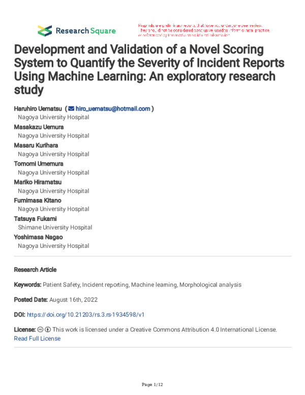 (PDF) Development and Validation of a Novel Scoring System to Quantify the Severity of Incident ...