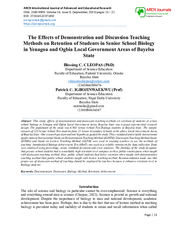 (PDF) The Effects of Demonstration and Discussion Teaching Methods on ...