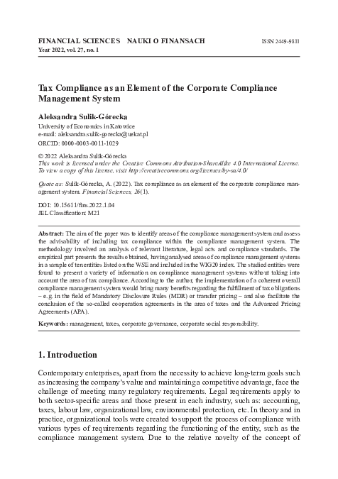 (PDF) Tax Compliance as an Element of the Corporate Compliance ...