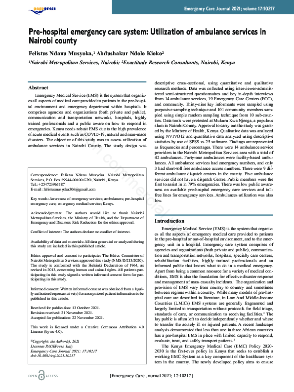(PDF) Pre-hospital emergency care system: Utilization of ambulance ...