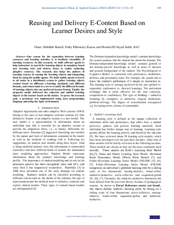 (PDF) Reusing and delivery E-content based on learner desires and style