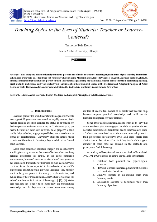 (PDF) Teaching Styles in the Eyes of Students: Teacher or Learner-Centered?