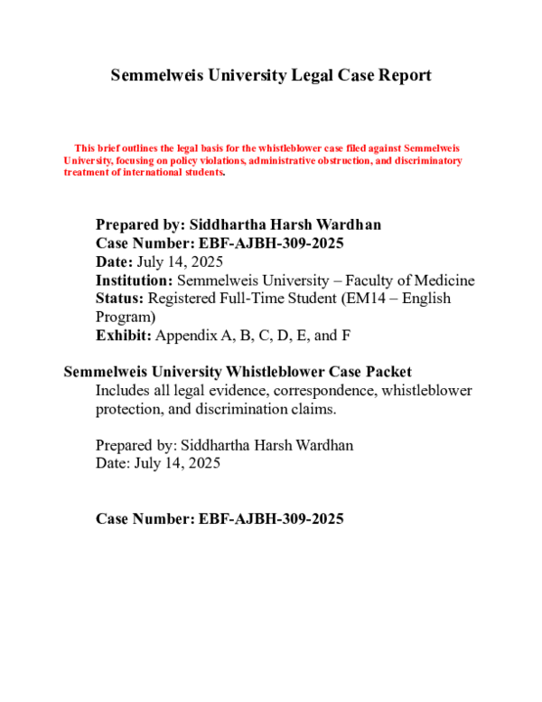 (PDF) Legal Case Study Semmelweis University Whistleblower REDACTED FINAL