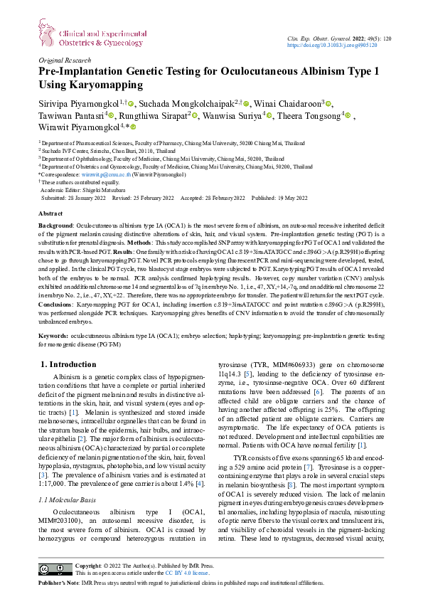 (PDF) Pre-Implantation Genetic Testing for Oculocutaneous Albinism Type ...