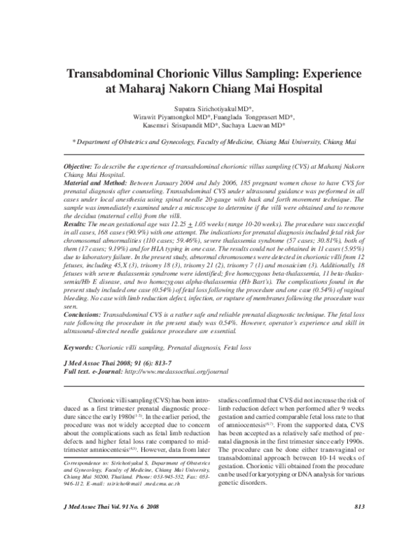 (PDF) Transabdominal chorionic villus sampling: experience at Maharaj Nakorn Chiang Mai Hospital
