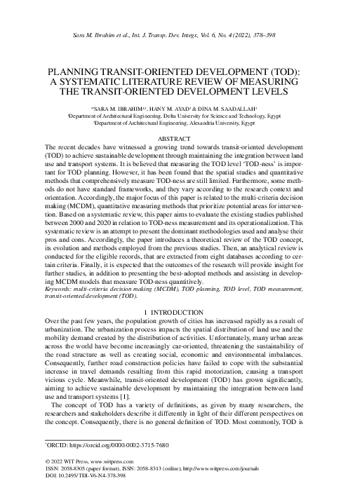 (PDF) Planning Transit-Oriented Development (TOD): A Systematic Literature Review of Measuring ...